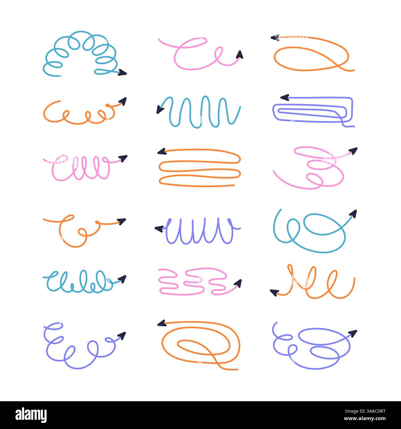 Colorful Set of Pencil Hand Drawn Squiggle Coils and Wavy Doodle Arrows ...