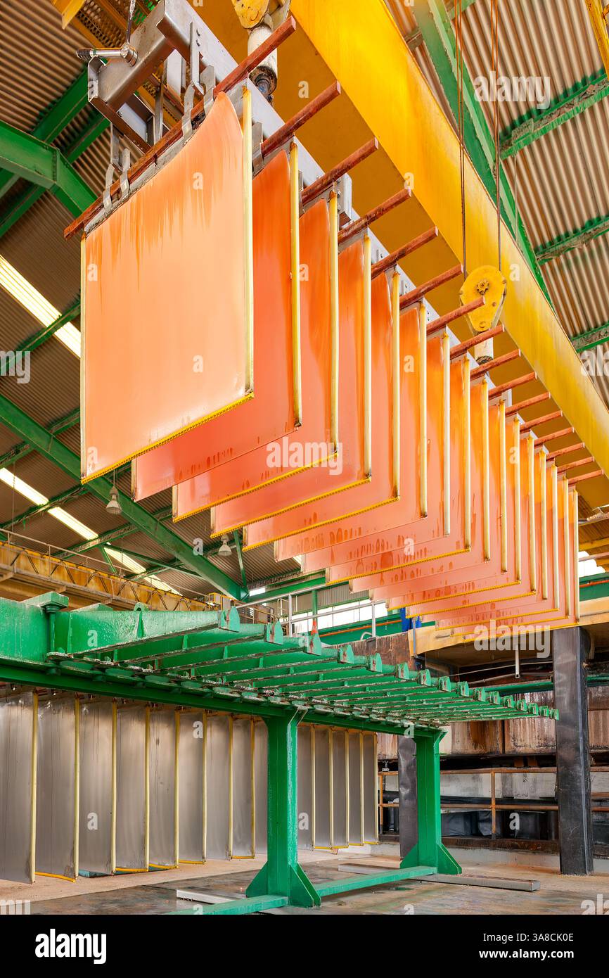 Close-up to copper cathodes in an electrowinning plant at a copper mine ...