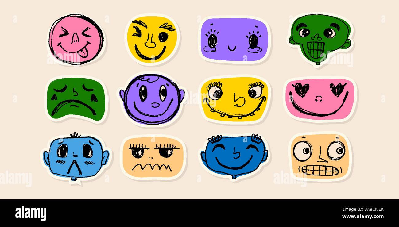 Funny Stickers Hand Drawn with Pencil and Thin Lines with Subtle Grunge ...