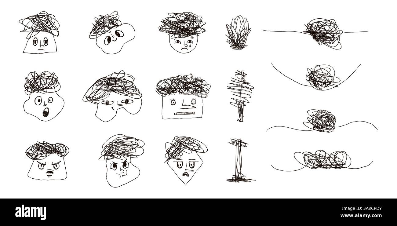 Hand-Drawn Doodle Faces and Scribble Chaotic Tangled Lines and Loops. Whimsical cartoon ...