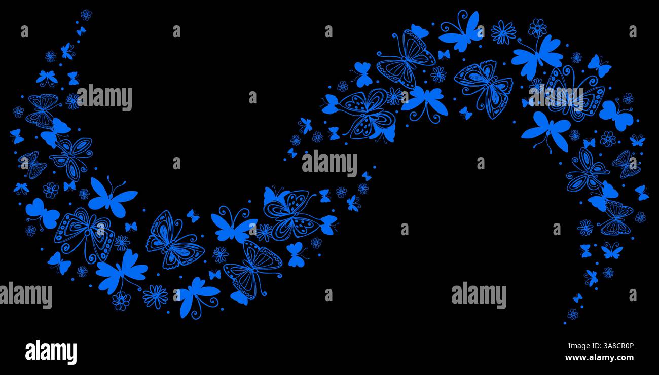 Blue Wave with Hand Drawn Butterflies Isolated on Black Background ...