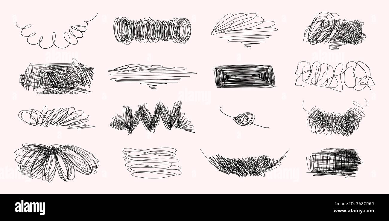 Set of Hand Drawn Scribble Line Hatching. Chaos doodle brush lines with ...