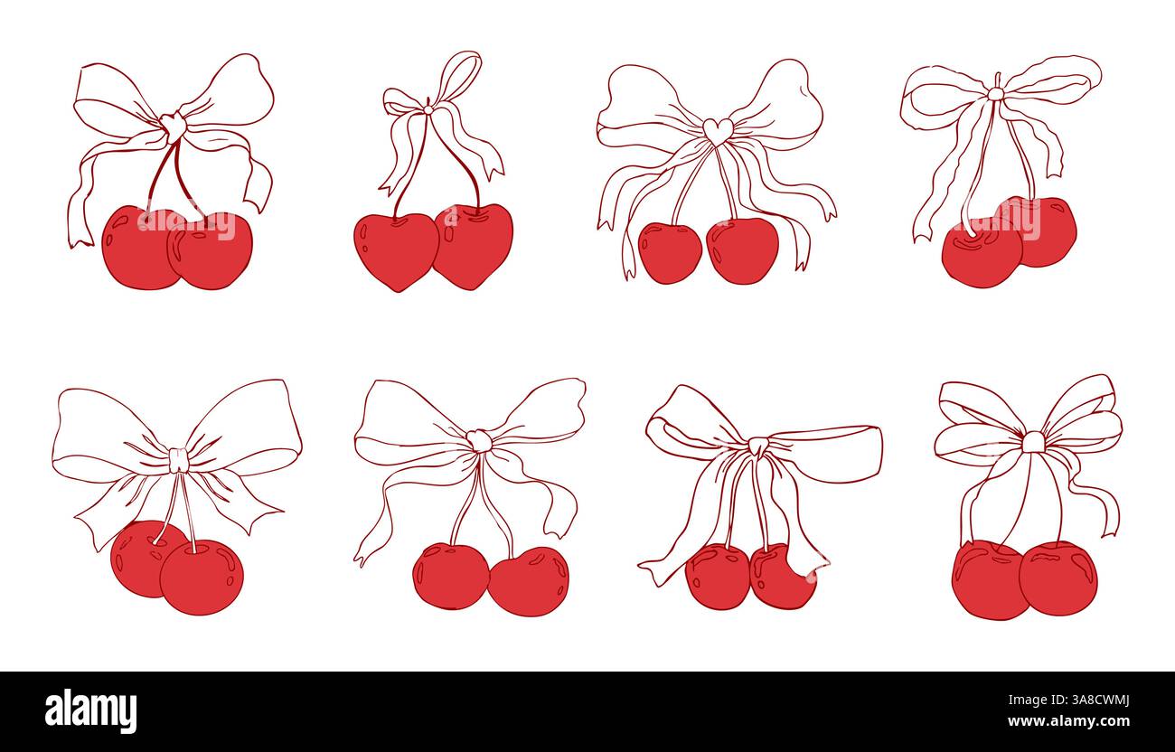 Cherry with bow coquette girly fruit, tie ribbon sketchy doodle drawing ...