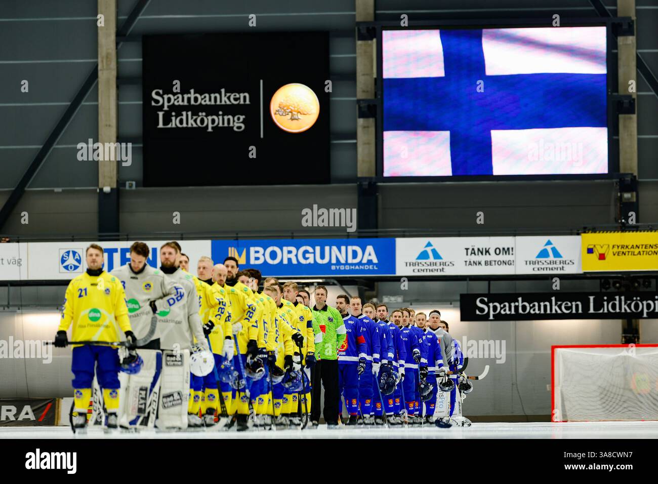 The Swedish and Finnish teams line up for the Men's Bandy World ...
