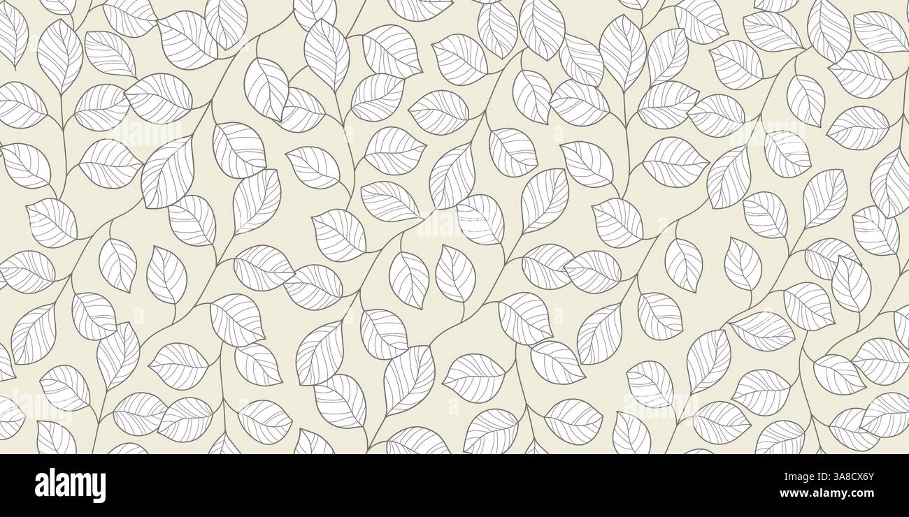 Delicate Leaf Branches Seamless Pattern in Line Art Style on Light ...