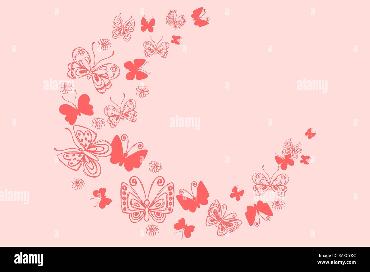 Flock of Hand Drawn Pink Butterflies Flying. Butterfly wave silhouettes ...