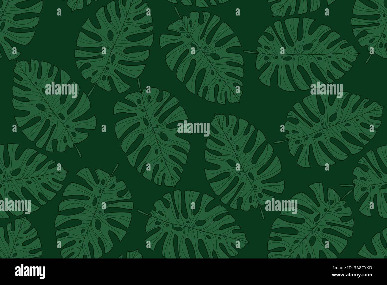 Hand-Drawn Monstera Leaf Seamless Pattern in Line Art style on Deep Green Background. Tropical ...