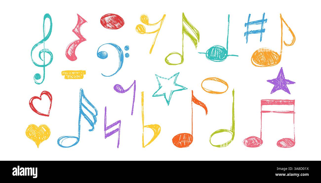 Colorful Musical Notes Hand Drawn with Crayon and Colorful Pencils ...