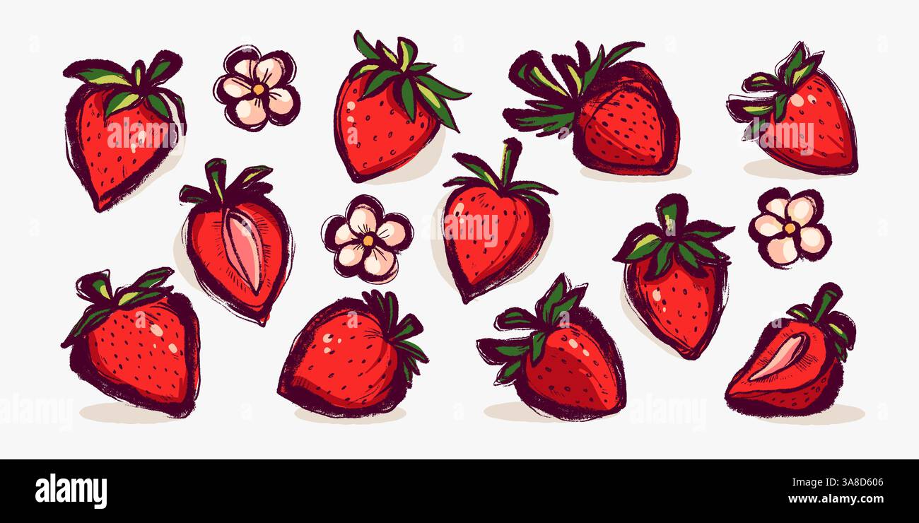 Collection of Hand Drawn Strawberries. Colorful grunge abstract ...