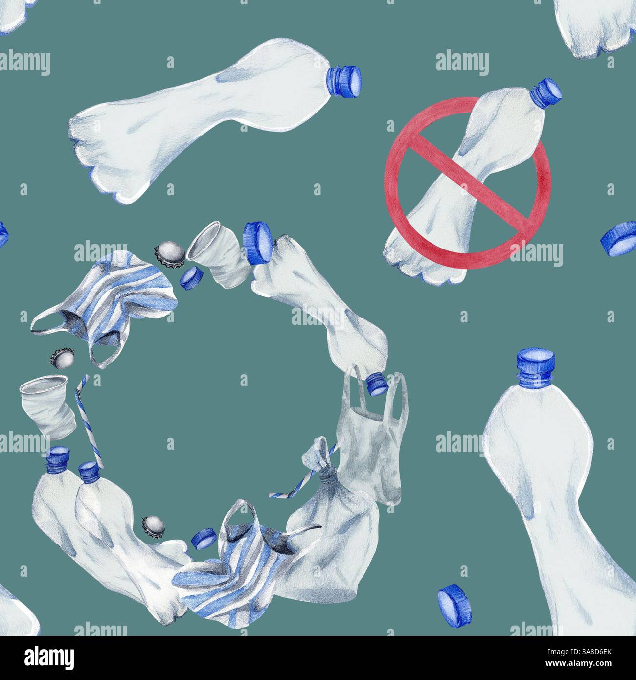 Plastic objects in circle frame and bottle crossed out with a red ...