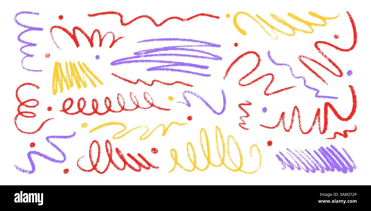 Set of Squiggle Multicolored Pencil Lines. Thin doodle of abstract ...
