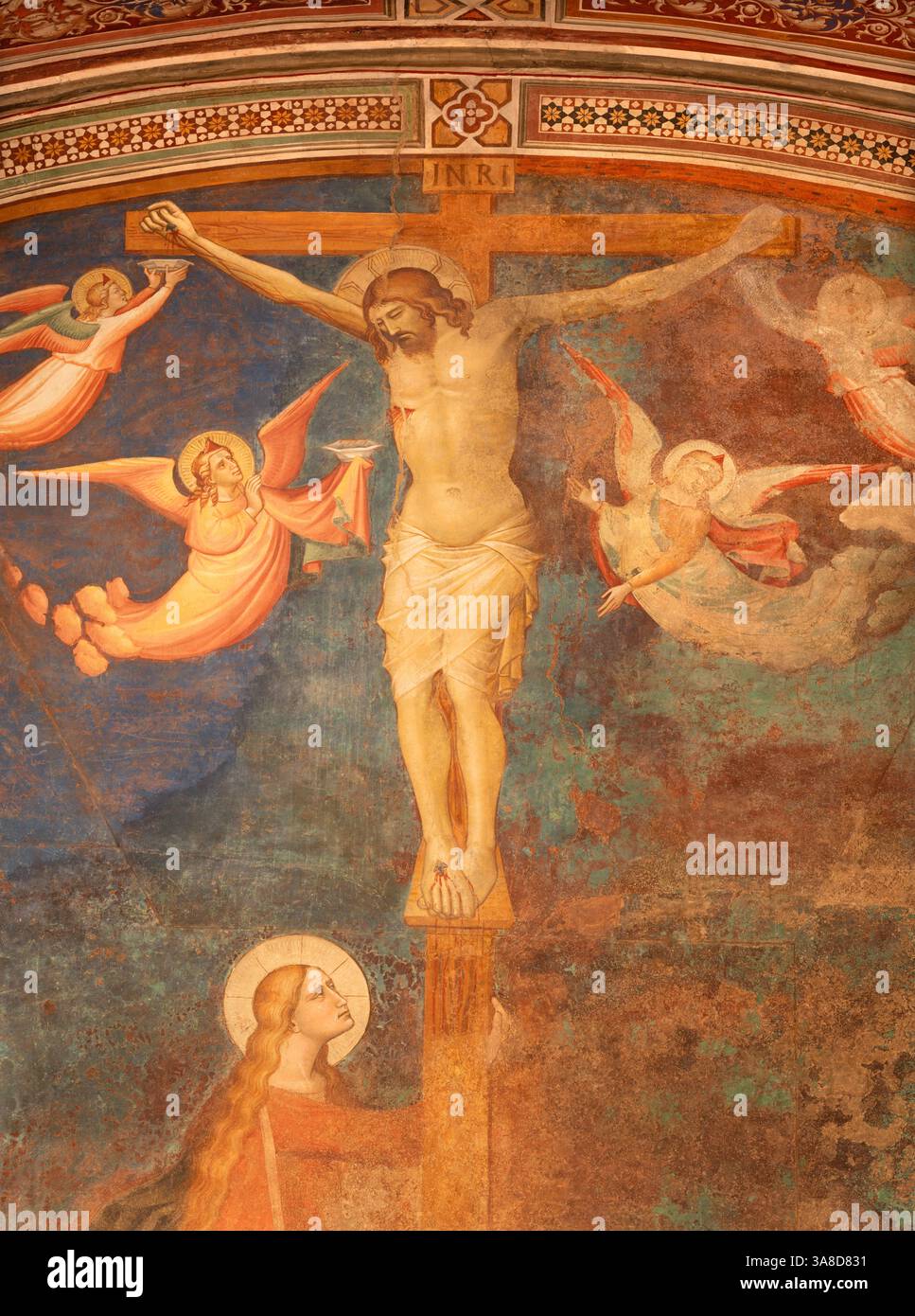 PRATO, ITALY - MARCH 21, 2025: The medieval fresco of Crucifixion in church San Francesco (Sala ...