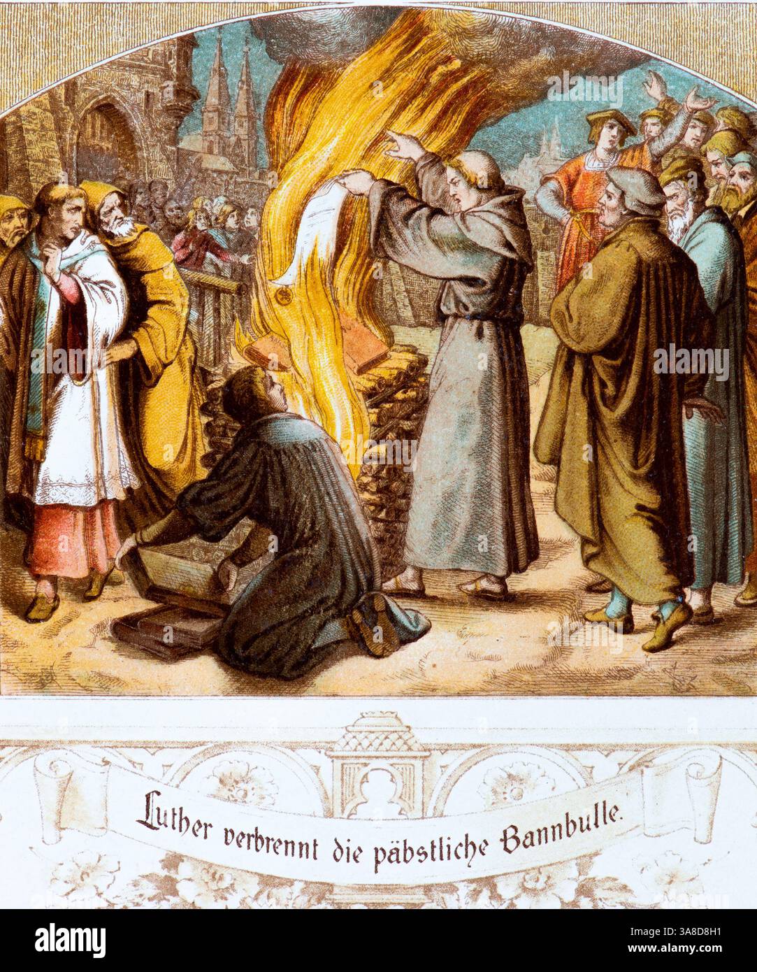 Luther burning the papal bull of excommunication, life of the reformer Martin Luther (1483-1546 ...