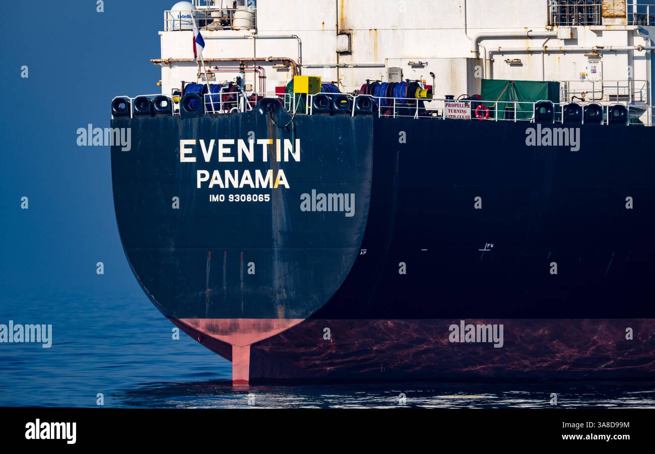 Sassnitz, Germany. 24th Mar, 2025. View of the tanker "Eventin" off the ...