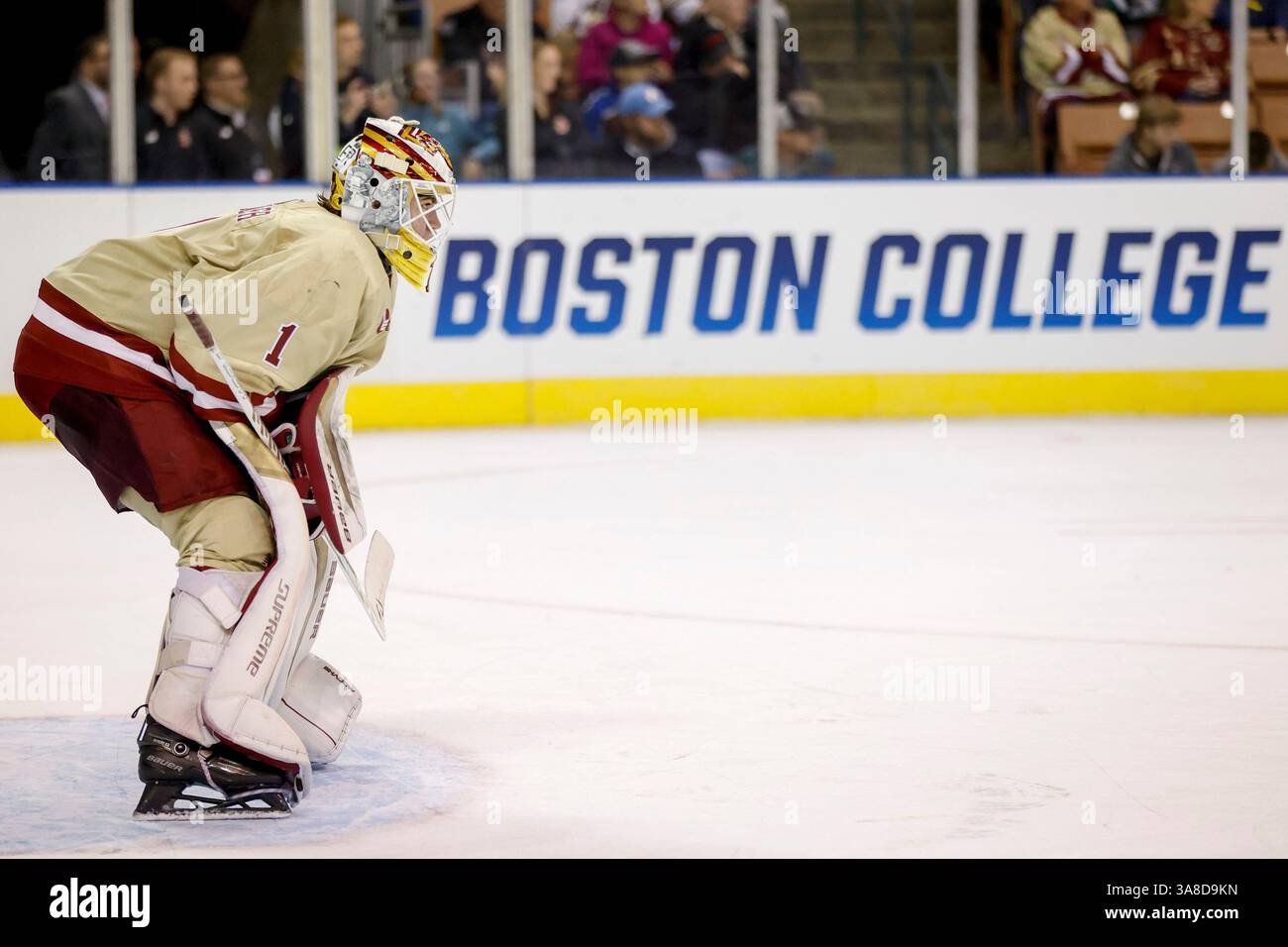 Boston College goalie Jacob Fowler (1) prepares to defend the net ...