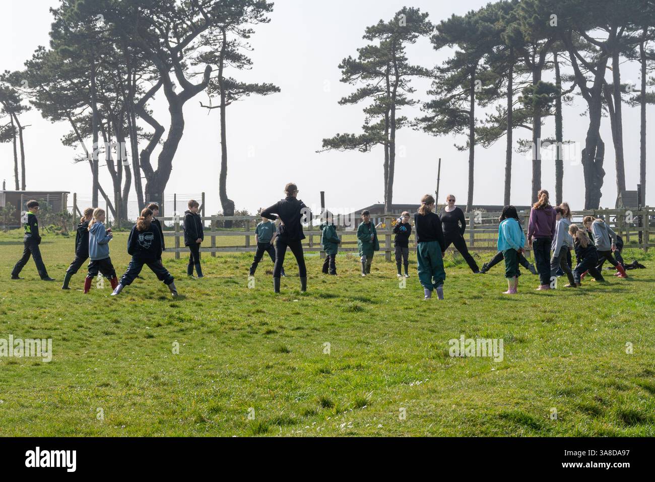 Group of children on an outdoor activity trip, playing organised games ...