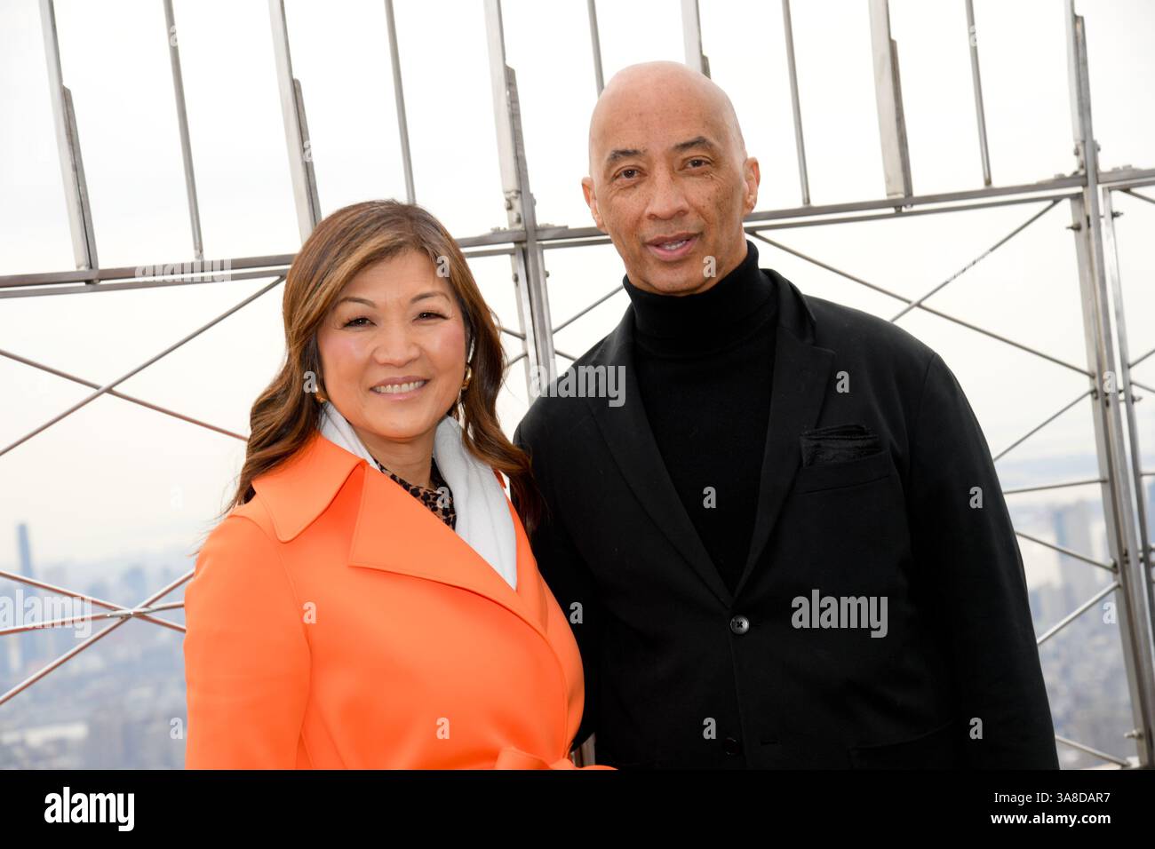 New York, USA. 28th Mar, 2025. Juju Chang and Byron Pitts visit the Empire State Building in ...