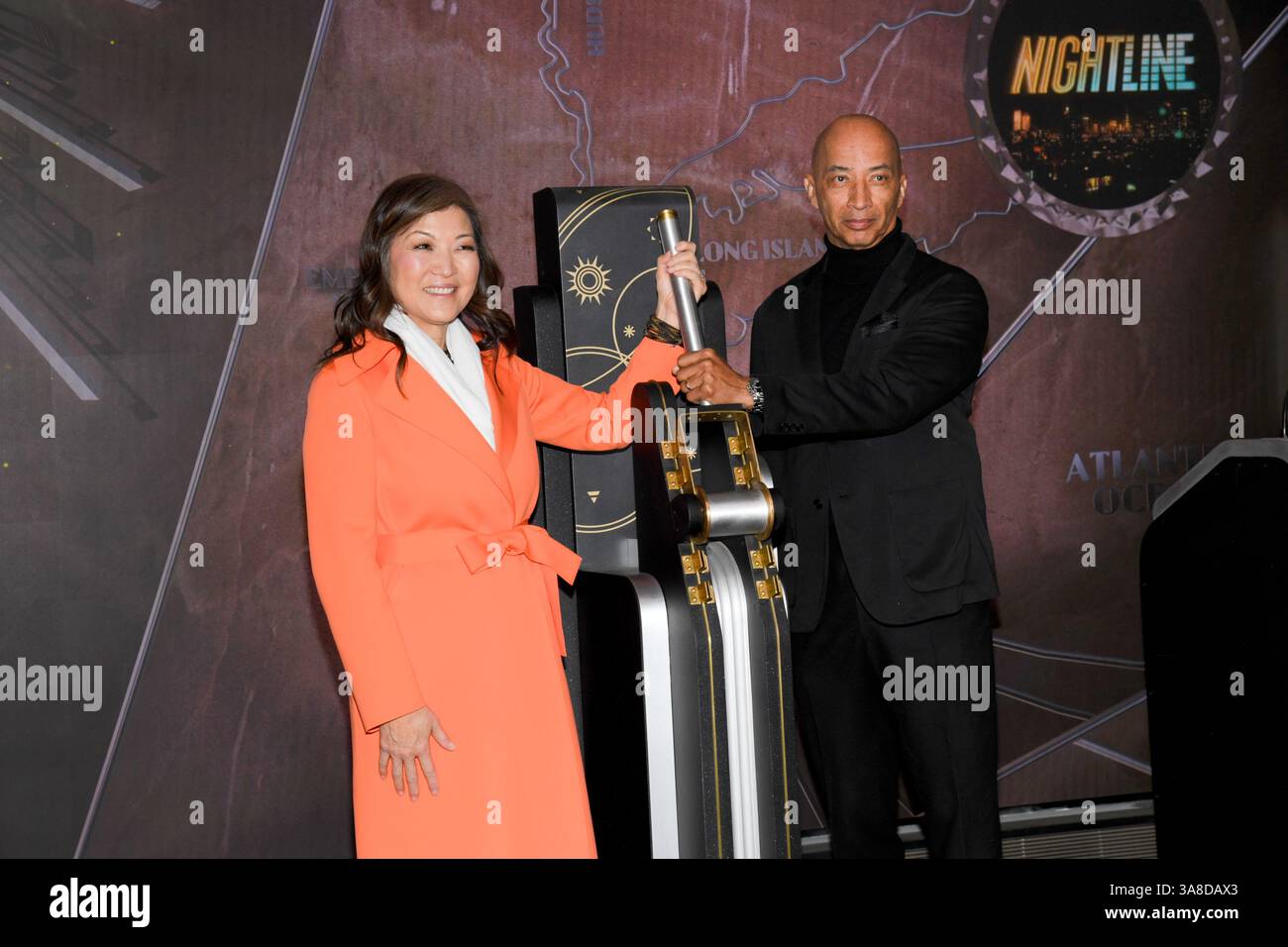 New York, USA. 28th Mar, 2025. Juju Chang and Byron Pitts visit the Empire State Building in ...