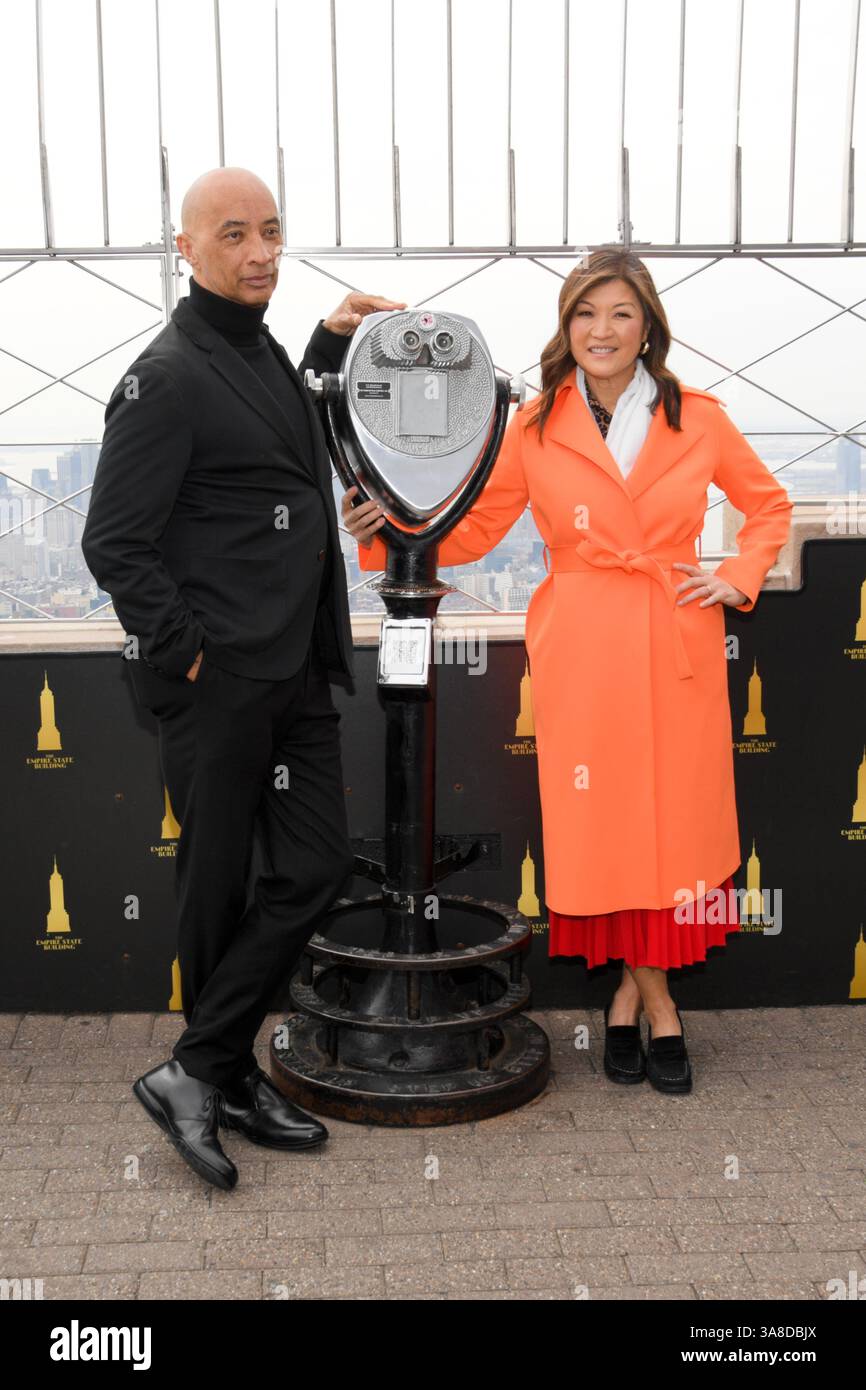 New York, USA. 28th Mar, 2025. Juju Chang (R) and Byron Pitts visit the ...