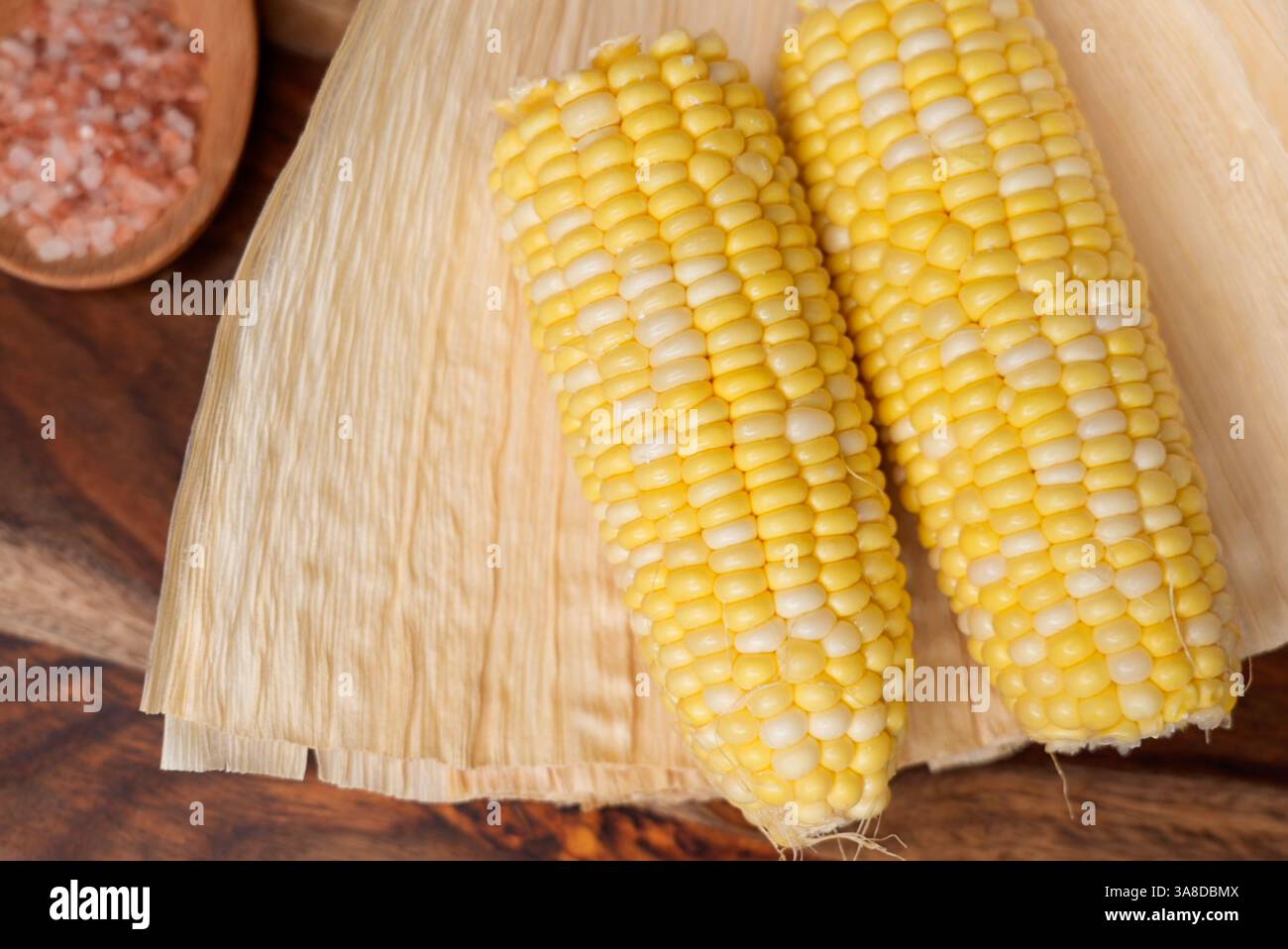 Two Fresh Corn on the Cob Resting on Husk with Himalayan Salt Stock ...