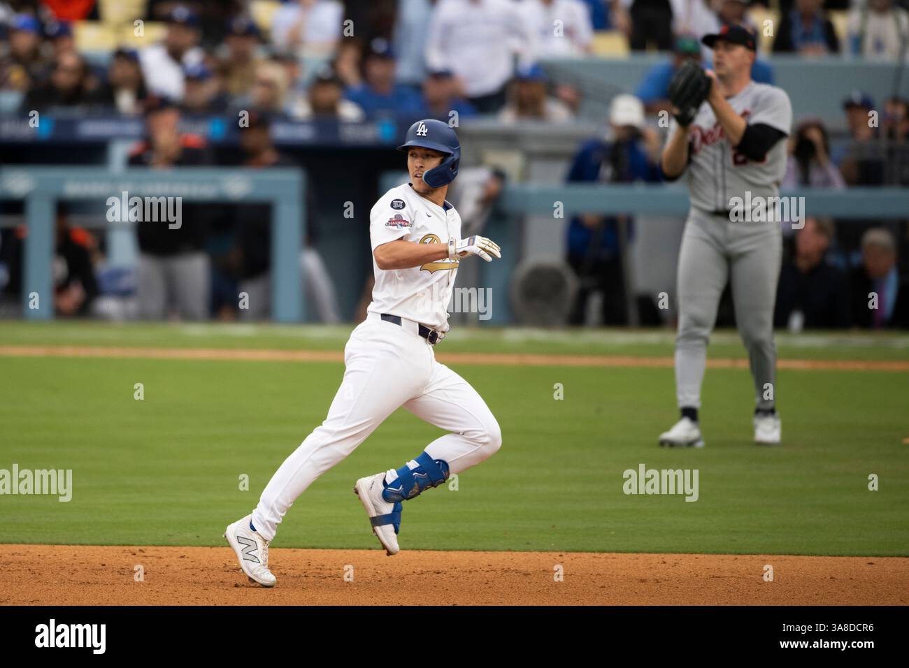 Los Angeles Dodgers' Tommy Edman runs during the home-opening baseball ...