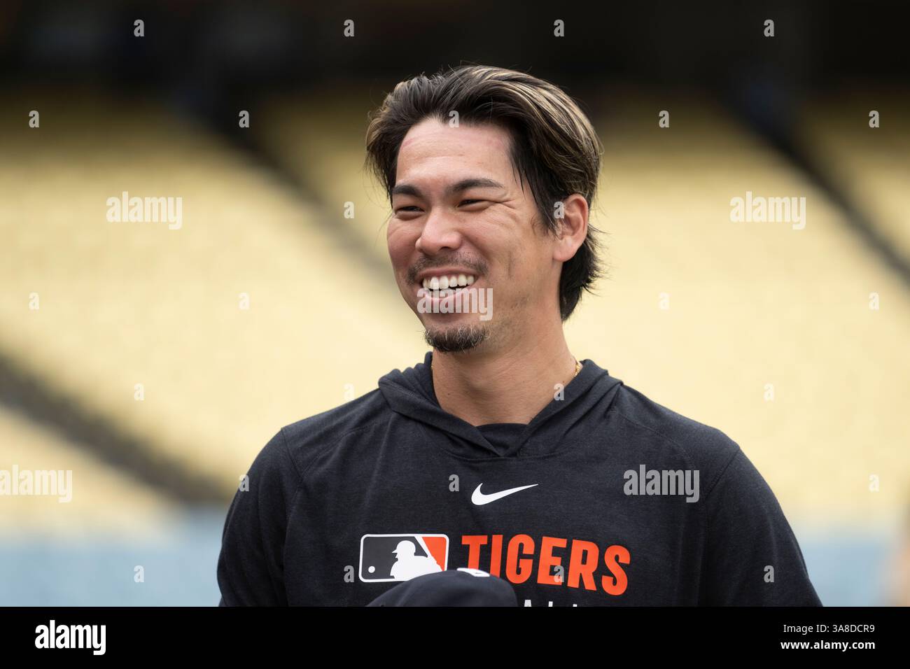 Detroit Tigers Kenta Maeda smiles during the home-opening baseball game ...