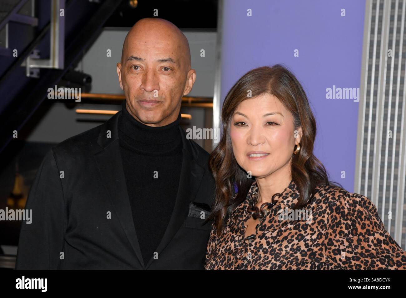 New York, USA. 28th Mar, 2025. Juju Chang (R) and Byron Pitts visit the ...