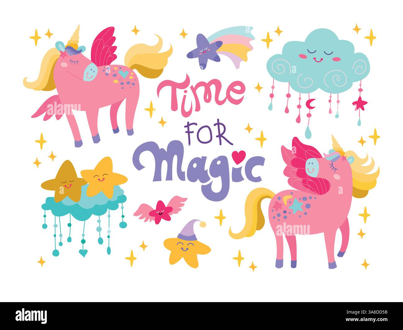 Childrens magics set with unicorns. Time for magic! Cute kids poster ...