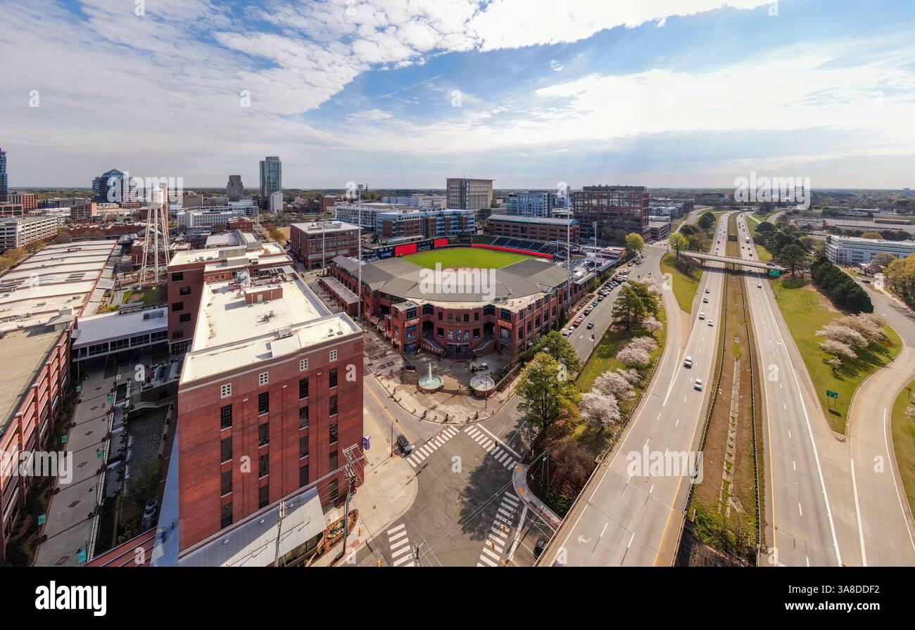 Sunny Daytime Drone Images of the Durham Bulls Athletic Park and ...