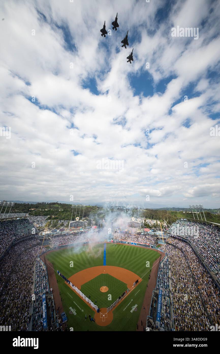 Planes fly over before the home-opening baseball game between the Los ...