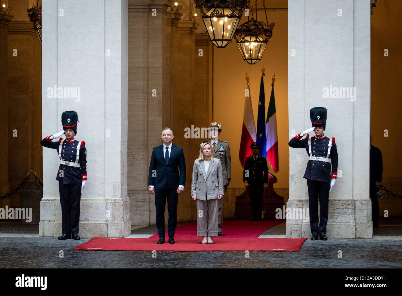 Rome, Italy. 28th Mar, 2025. Italian Prime Minister Giorgia Meloni (R) and the President of the ...