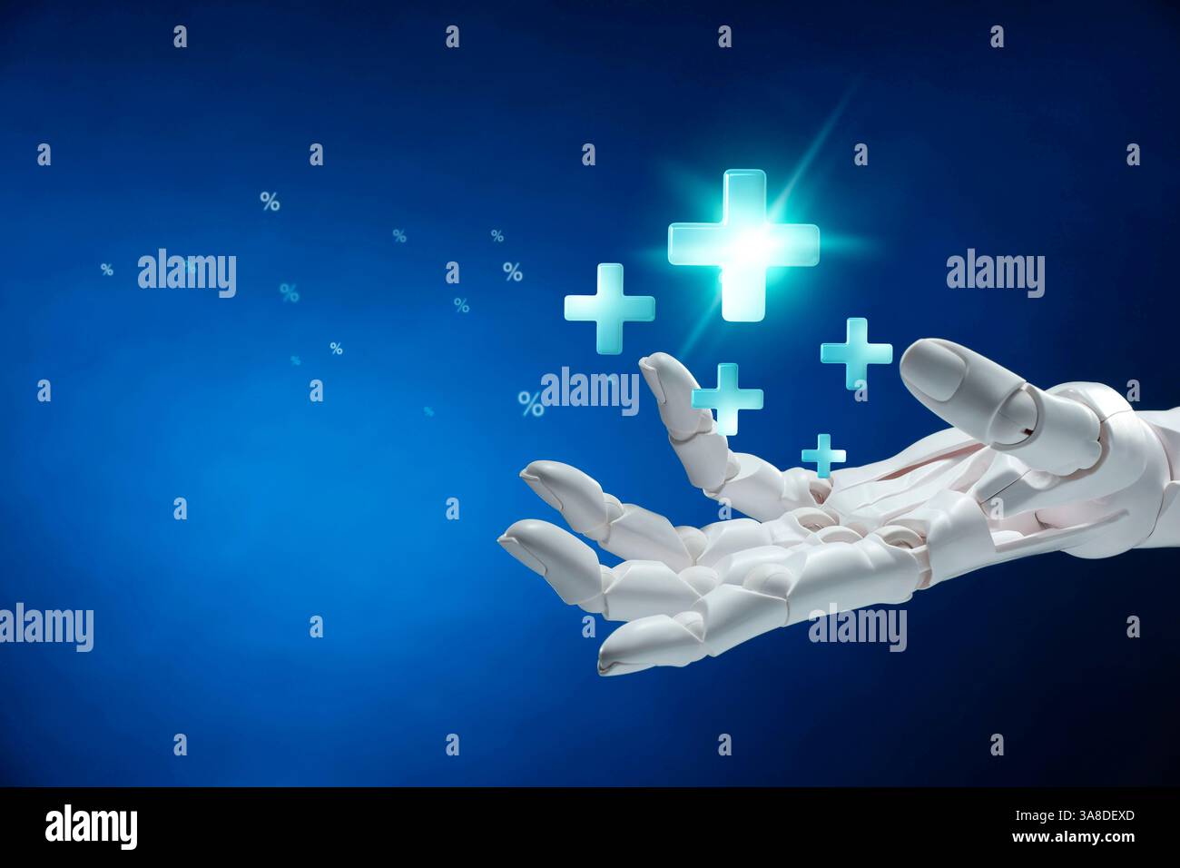 Bonus. Plus and percent signs flying out of robot hand on blue gradient ...