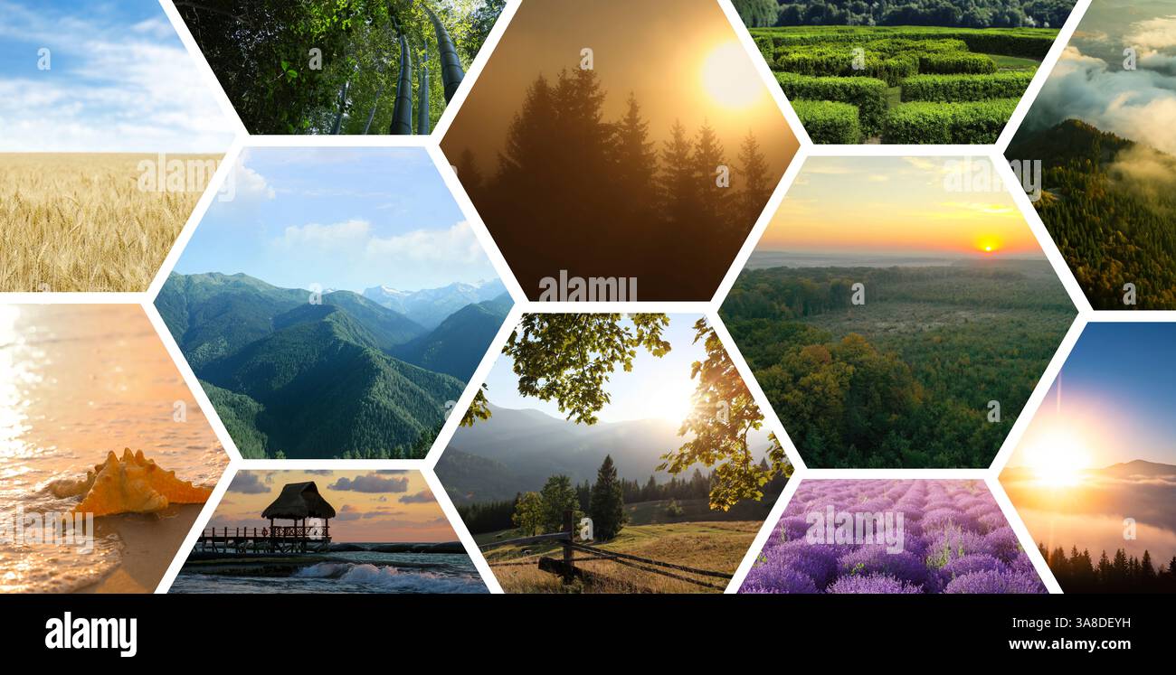 Picturesque nature pictures, collage. Many beautiful landscapes, banner ...