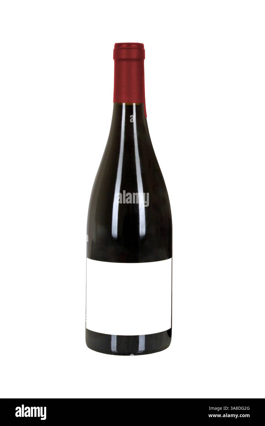 Red wine bottle with red cap and blank label isolated on white ...