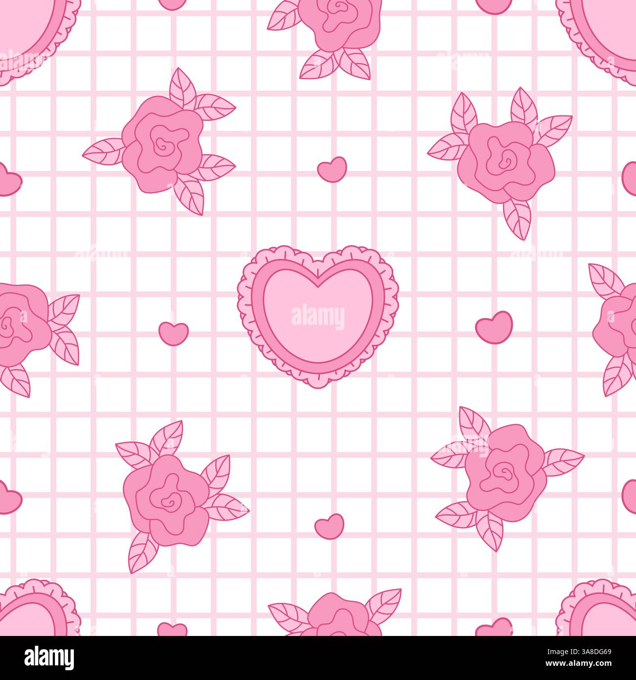 Coquette seamless pattern Pink Rose and Vintage Heart on checkered ...