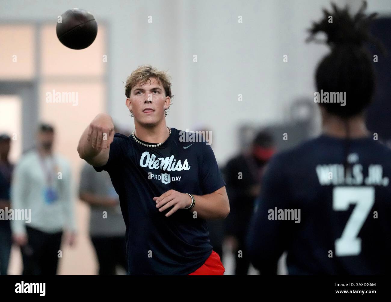 Mississippi quarterback Jaxson Dart passes to a teammate during a ...