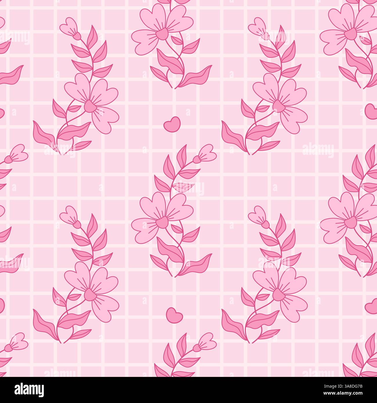 Pink Floral Coquette seamless pattern. Branch with Flower and Leaves on ...