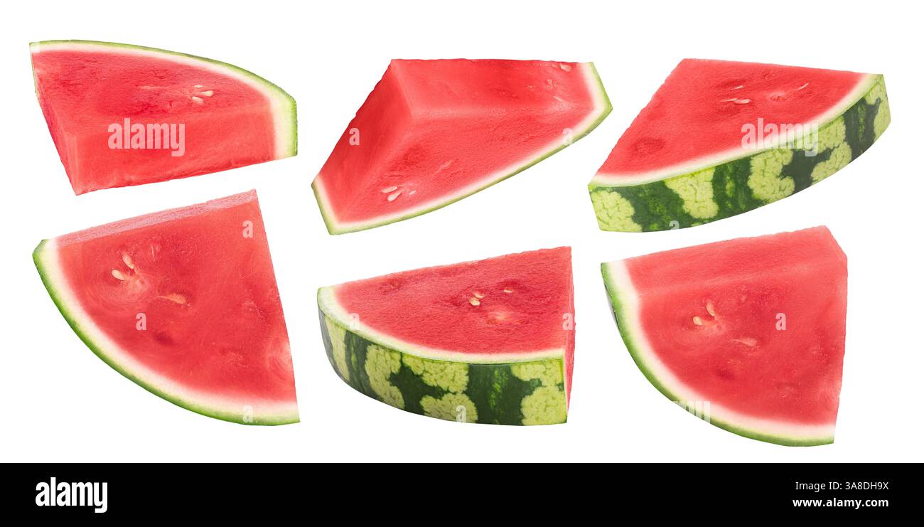 Red seedless watermelon slices isolated on white background with full ...