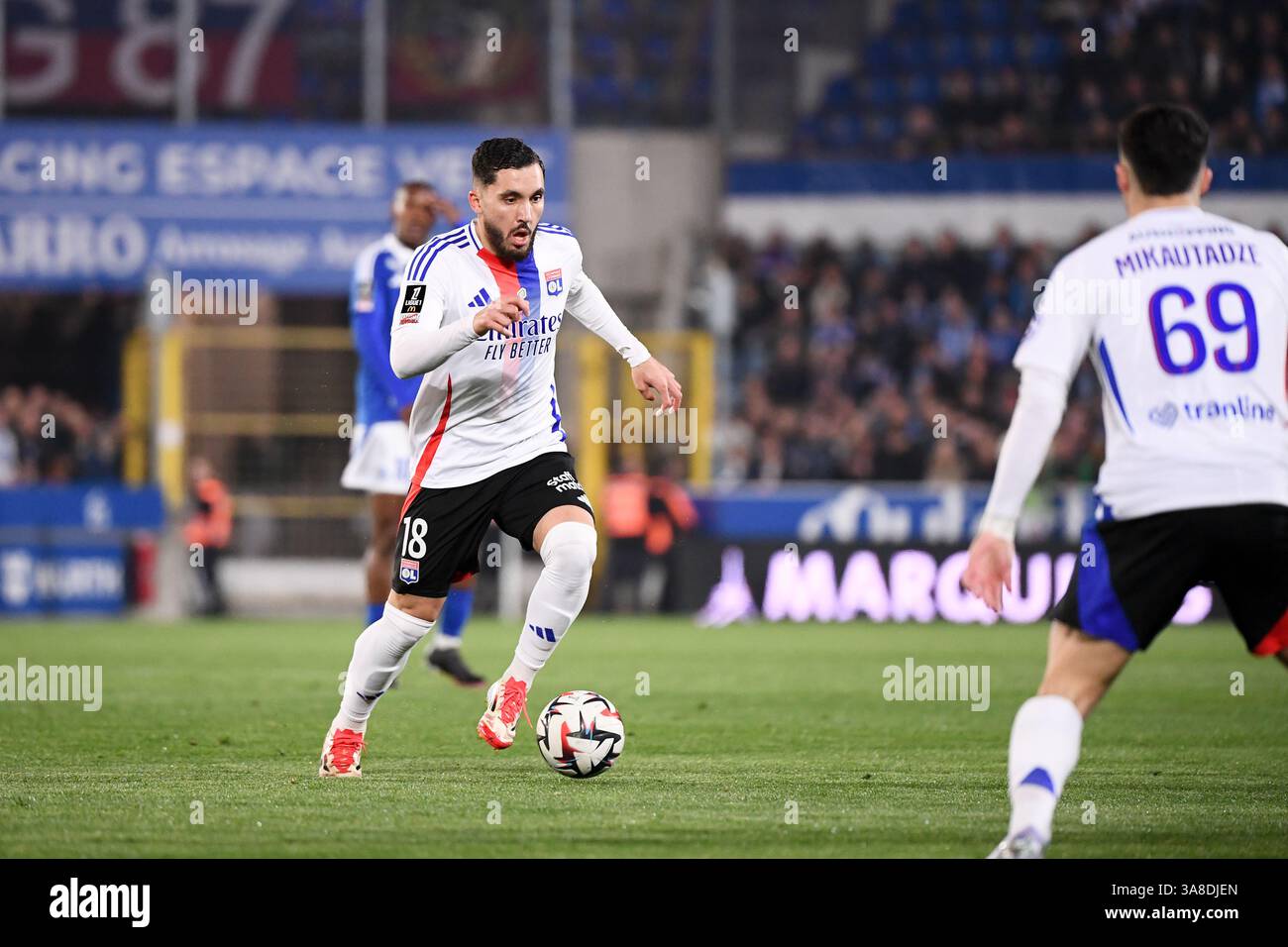 Strasbourg, France. 28th Mar 2025. 18 Rayan CHERKI (ol) during the Ligue 1 MacDonald's match ...