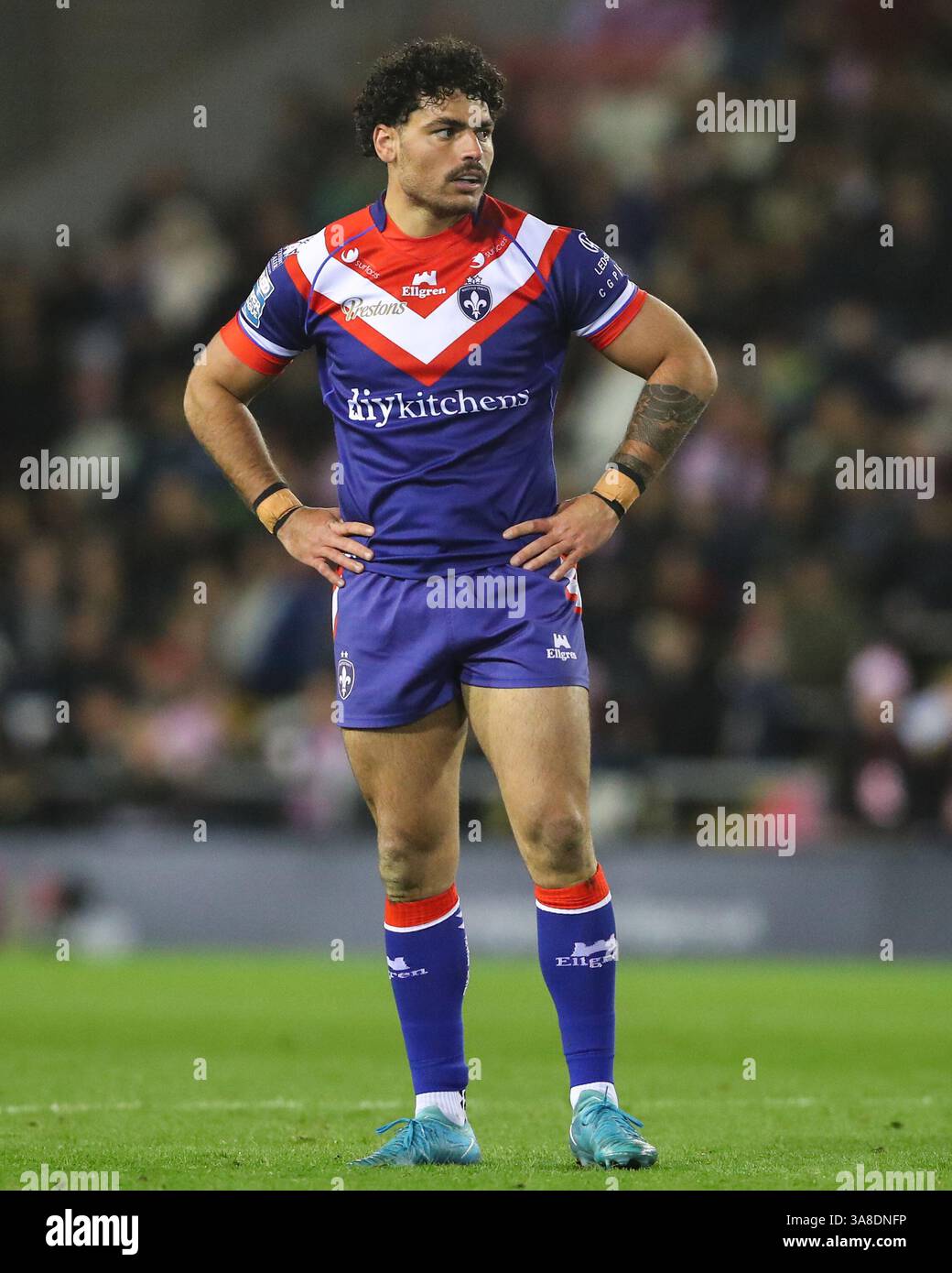 Leigh, UK. 28th Mar, 2025. Mathieu Cozza of Wakefield Trinity during the Betfred Super League ...