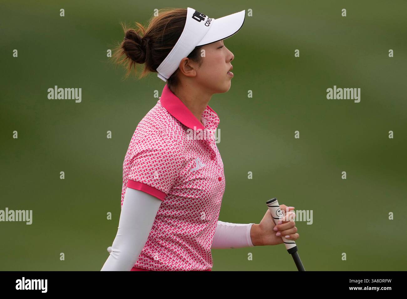 Amy Yang, of South Korea, reacts after her shot on the seventh green during the second round of ...