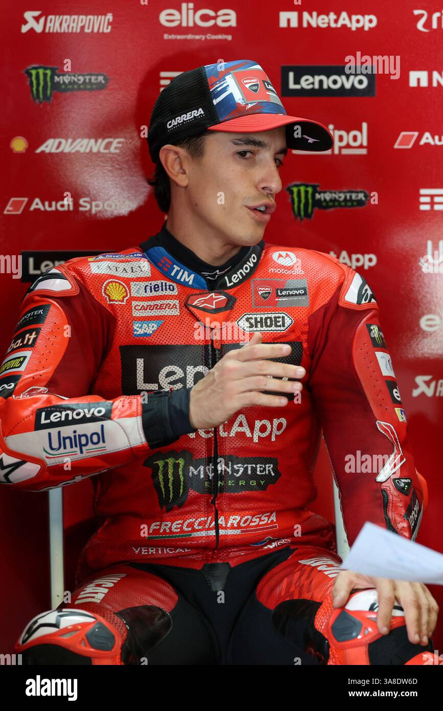 AUSTIN, TX - MARCH 28: Marc Marquez (93) of Spain and Ducati Lenovo Team sits in the garage as ...