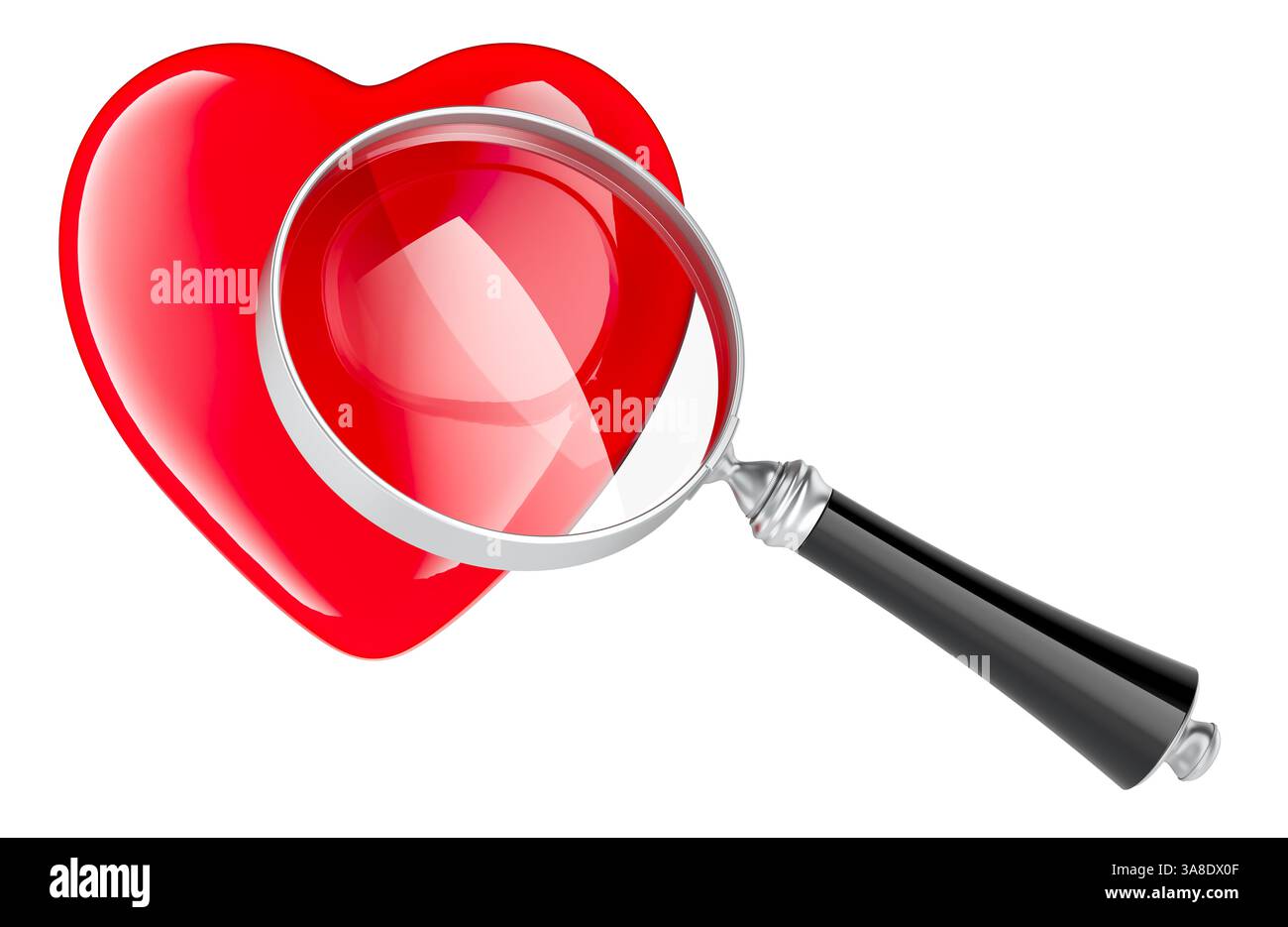 Red heart under loupe. Finding love, concept. 3D rendering isolated on ...