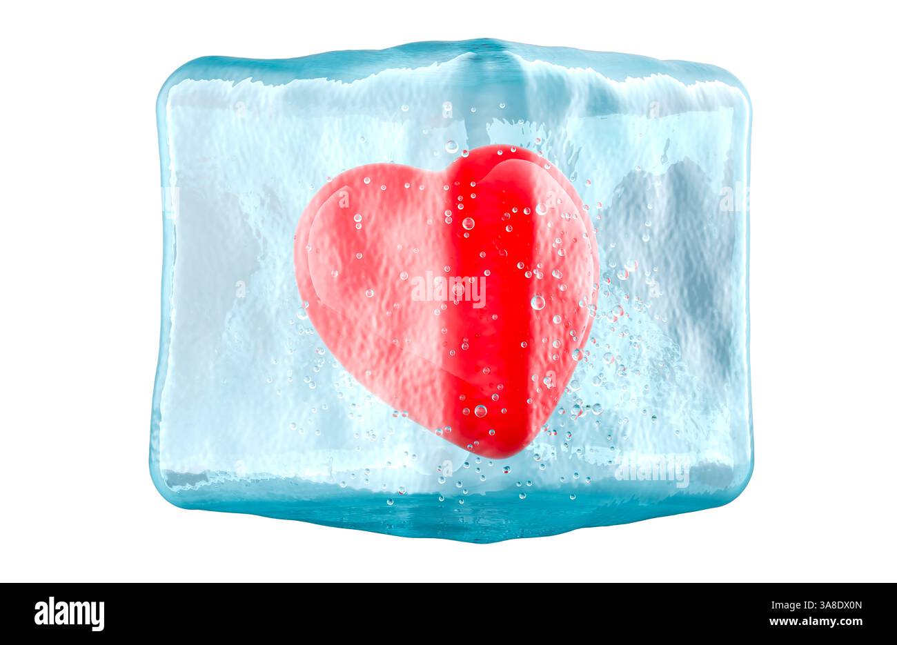 Red heart frozen in ice cube, 3D rendering isolated on white background ...