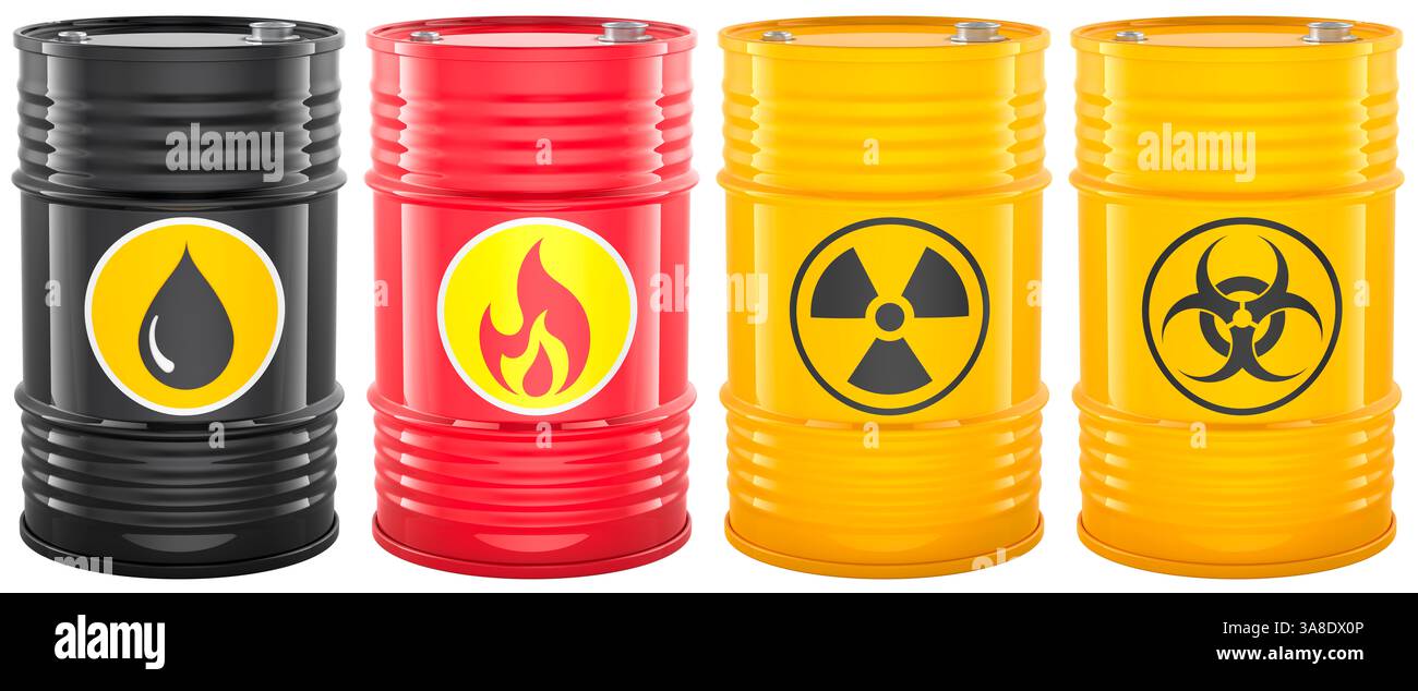 Different barrels with toxic waste. Barrels with liquid, flammable ...