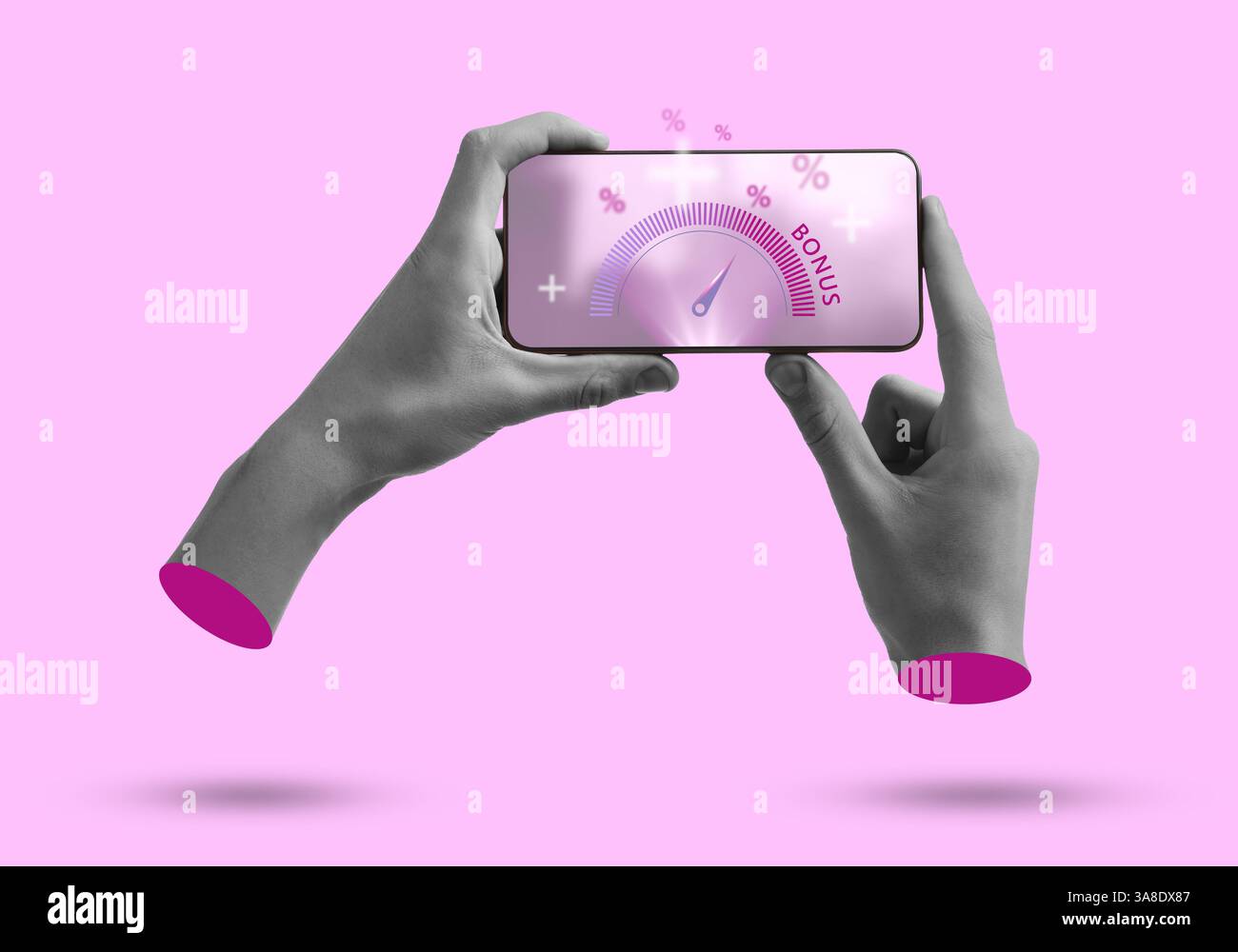 Bonus. Man's hands holding mobile phone with gauge, plus and percent ...