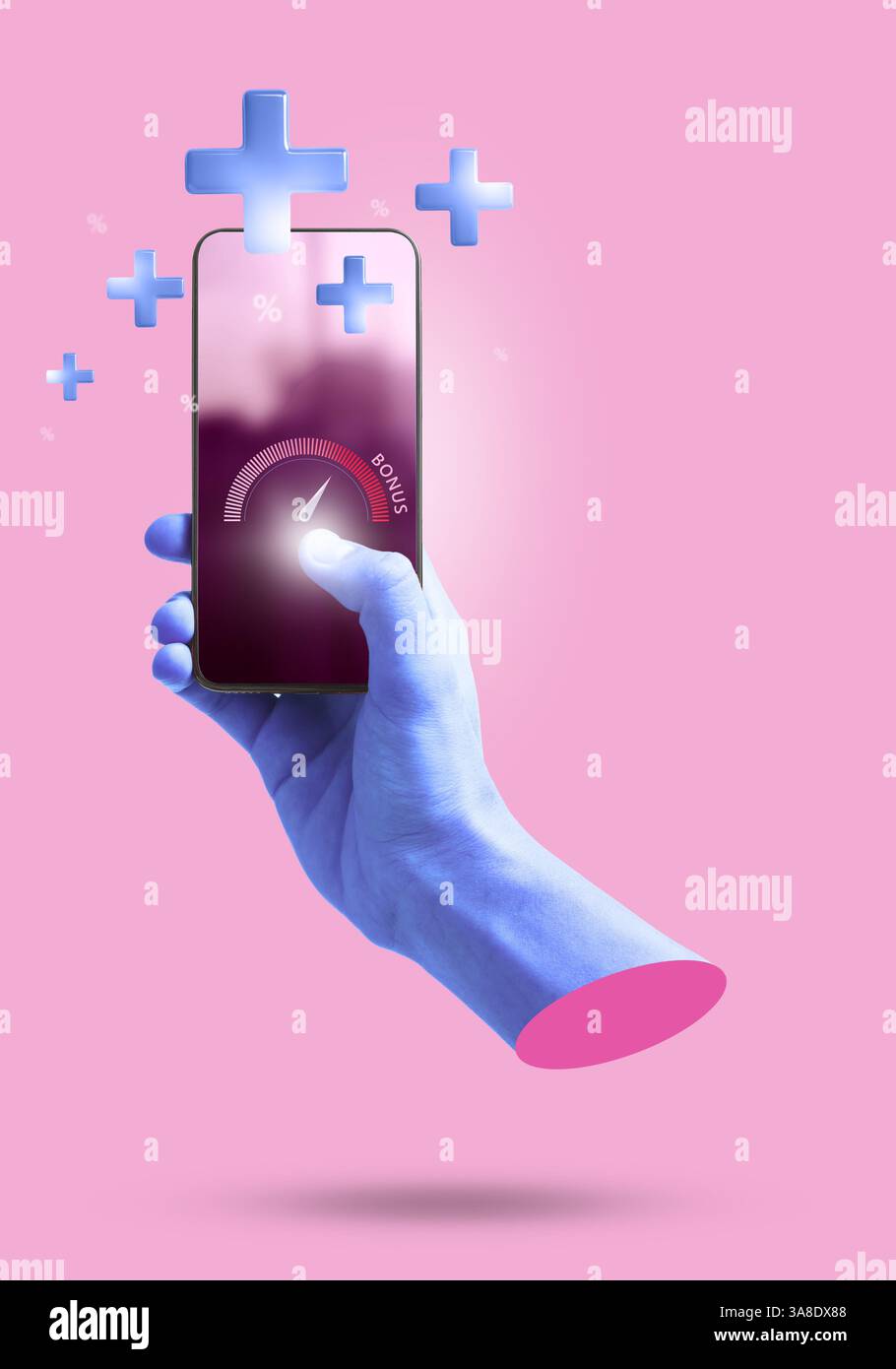 Bonus. Mobile phone with gauge on screen in man's hand against pink ...