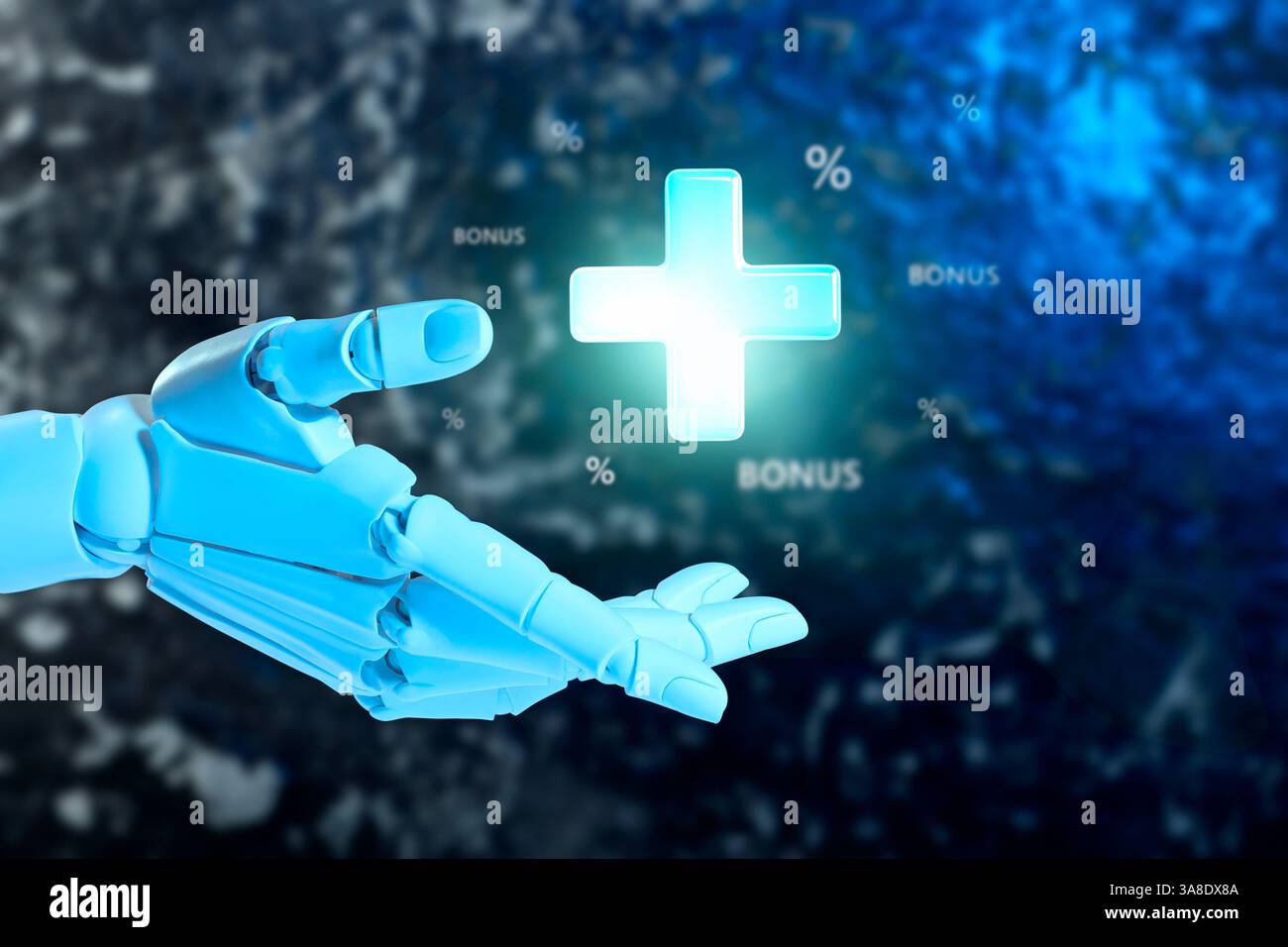 Bonus. Plus and percent signs flying out of robot hand on blurred ...