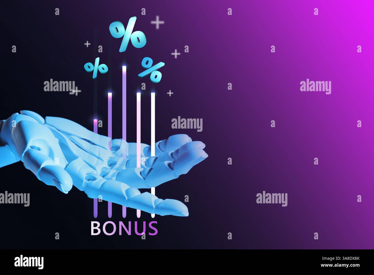 Bonus. Plus and percent signs flying out of robot hand on violet gradient background Stock Photo ...