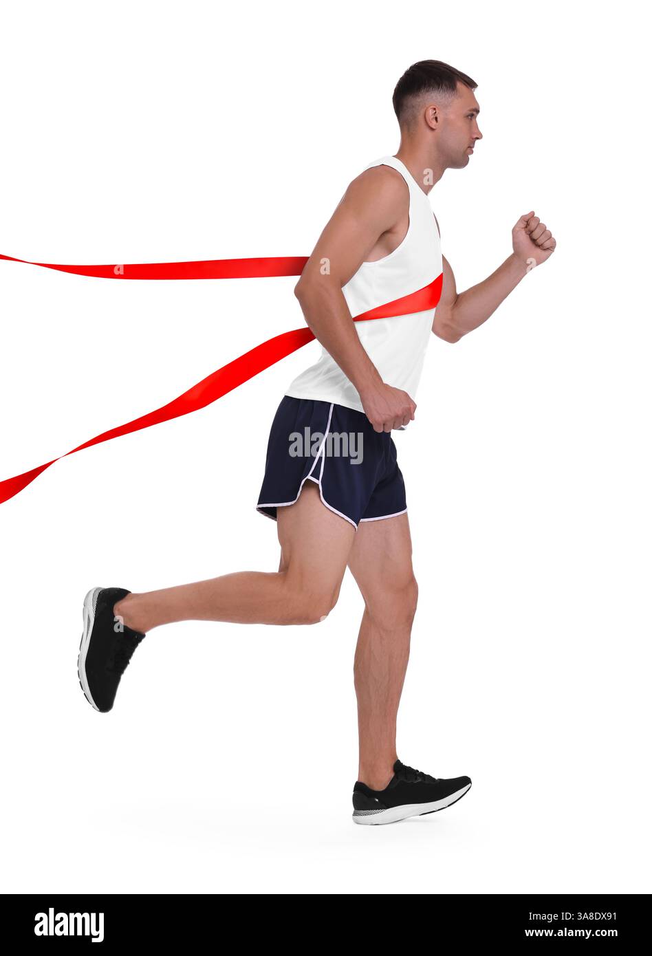 Sportsman crossing red finish line ribbon on white background Stock ...